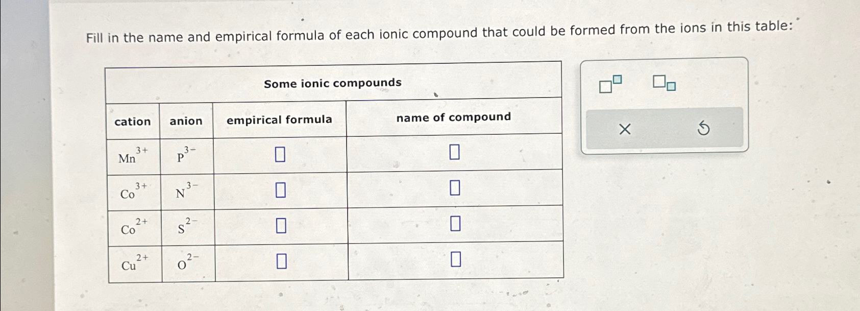 Solved Fill in the name and empirical formula of each ionic | Chegg.com