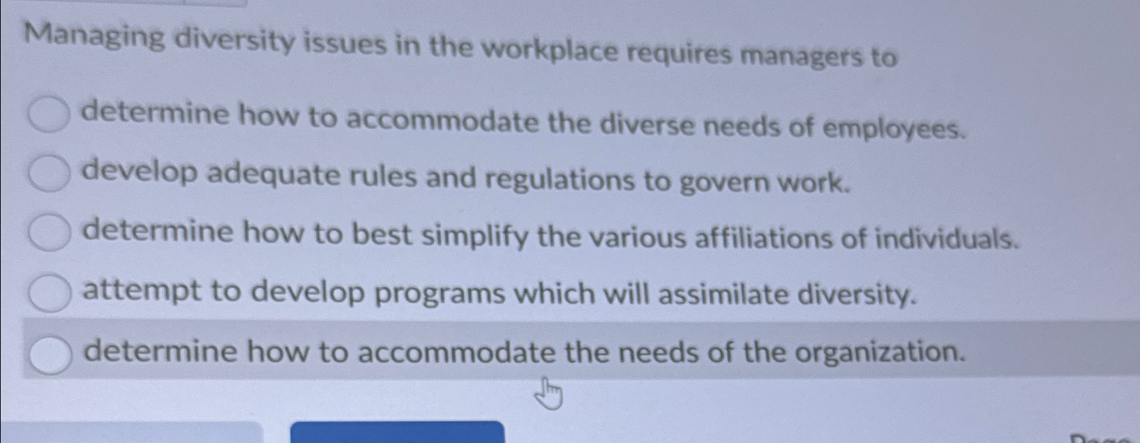 Solved Managing diversity issues in the workplace requires | Chegg.com