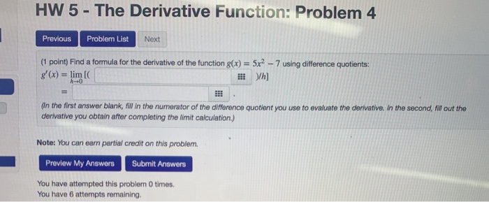Solved HW 5 - The Derivative Function: Problem 1 Previous | Chegg.com