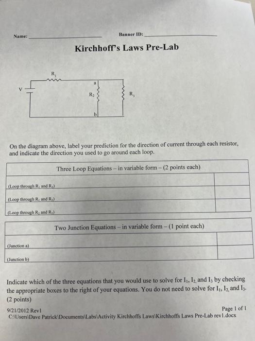 Solved Kirchhoff's Laws Pre-Lab On the diagram above, label | Chegg.com