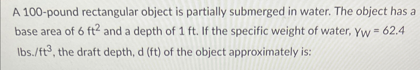 Solved A 100-pound rectangular object is partially submerged | Chegg.com