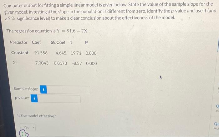 Solved Computer output for fitting a simple linear model is | Chegg.com