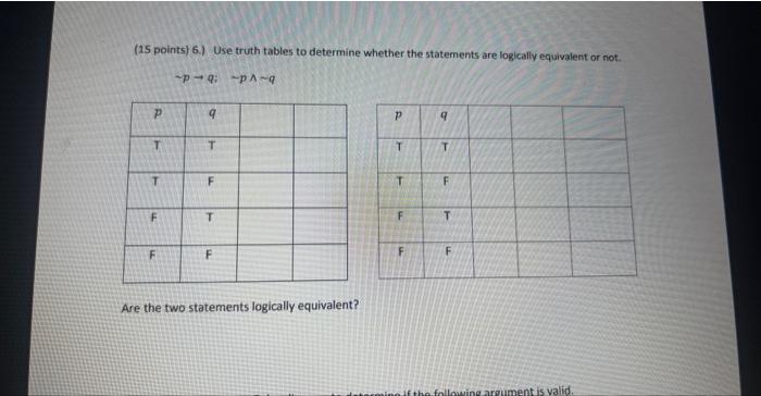Solved (15 points) 6.) Use truth tables to determine whether | Chegg.com