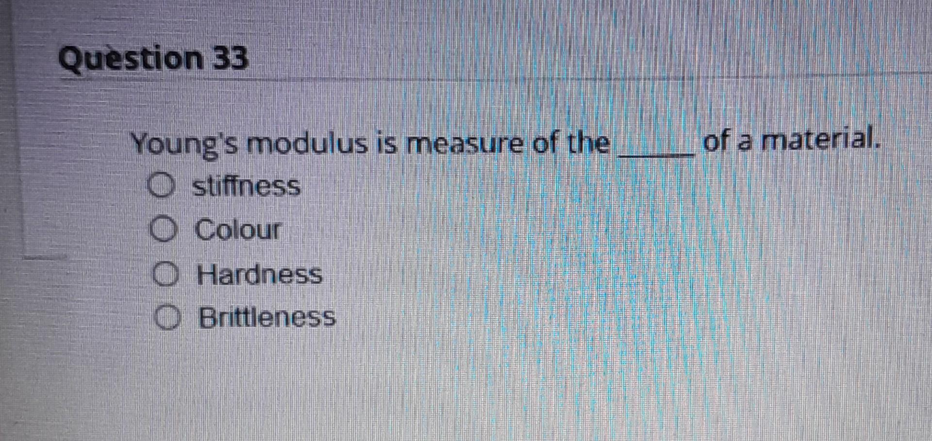 Solved Young's modulus is measure of the of a material. | Chegg.com