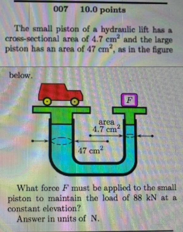 Solved 00710.0 ﻿pointsThe small piston of a hydraulic lift | Chegg.com