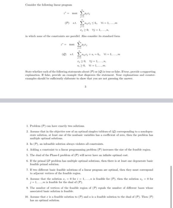 Solved Consider the following linear program P, (P), S. | Chegg.com