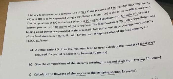Solved A binary feed stream at a temperature of 375 K and | Chegg.com