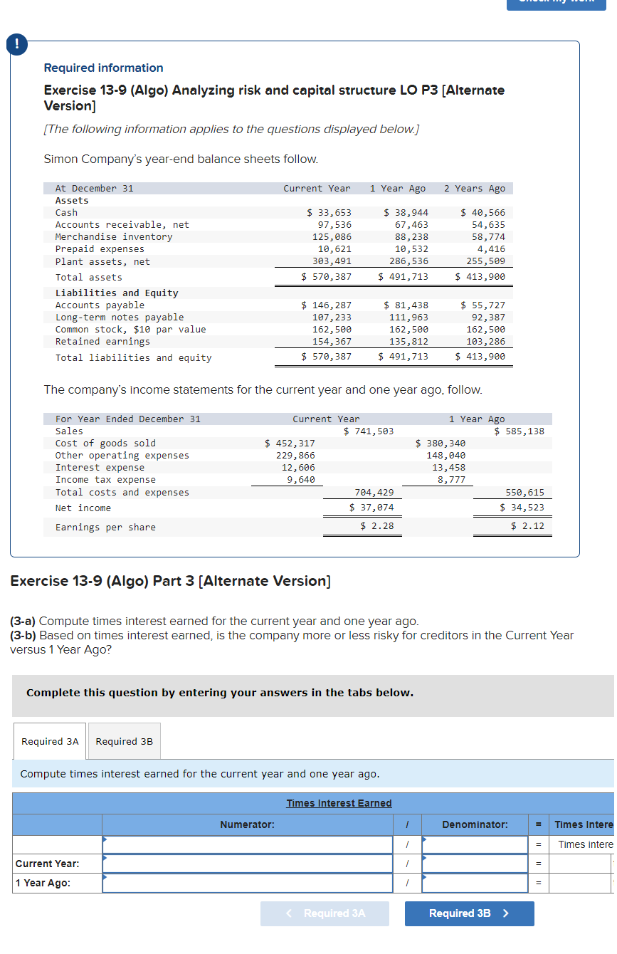 Solved (3-a) ﻿Compute times interest earned for the current | Chegg.com
