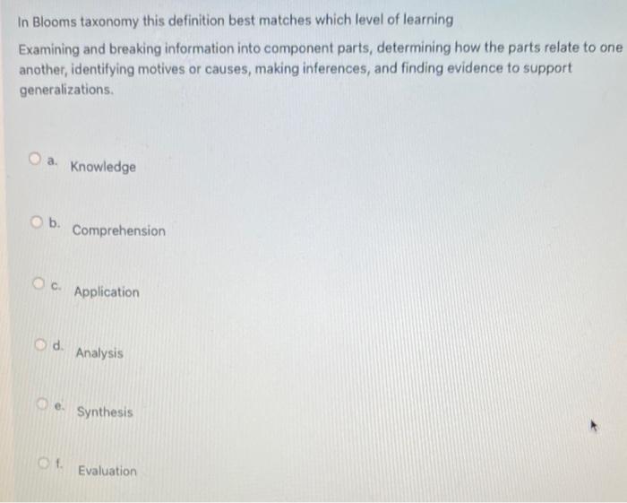 Solved In Blooms taxonomy this definition best matches which | Chegg.com