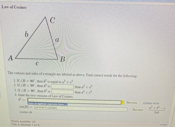Solved Law of Cosines b a A B C 15 The vertices and sides of | Chegg.com