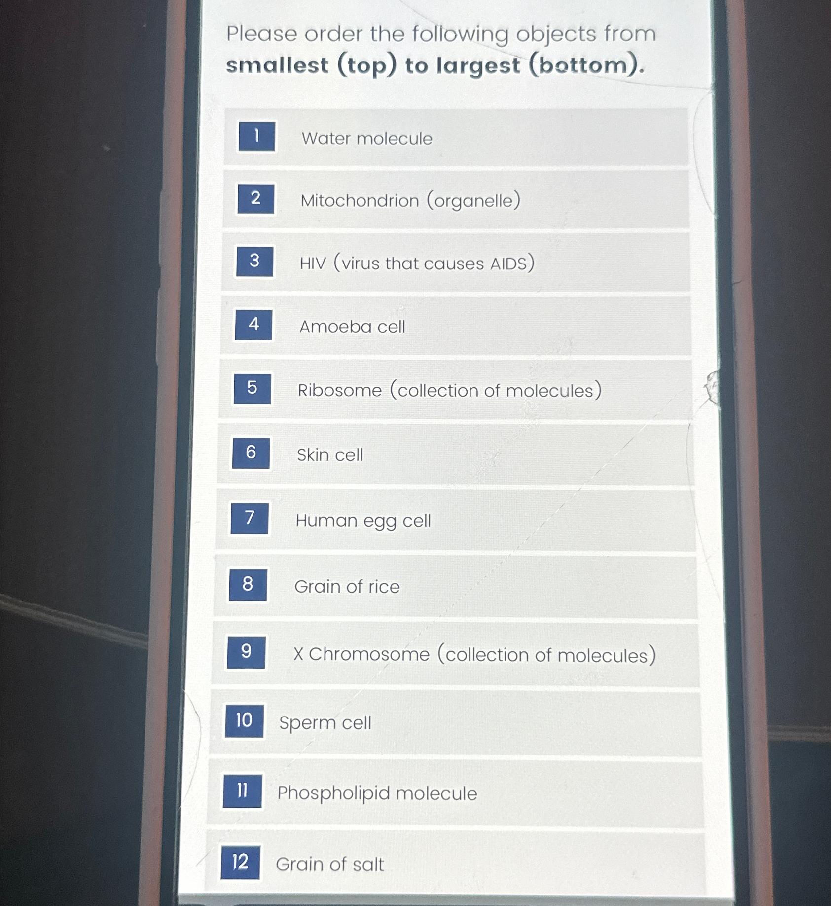 Solved Please order the following objects from smallest | Chegg.com