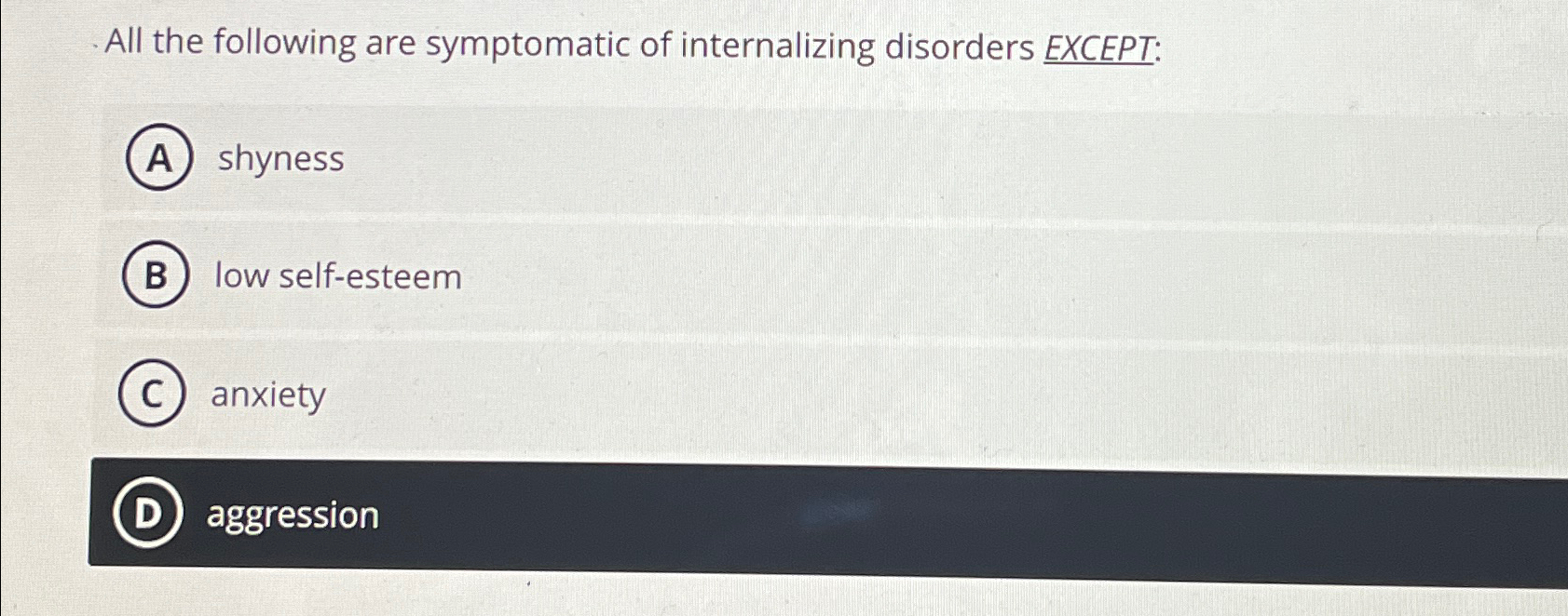 Solved All the following are symptomatic of internalizing | Chegg.com