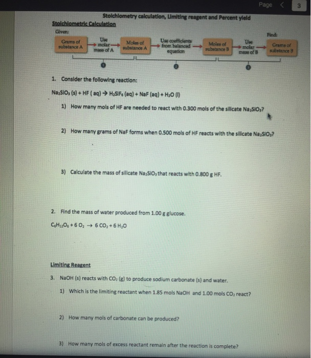 Solved 3 Page Stoichiometry calculation, Limiting reagent | Chegg.com