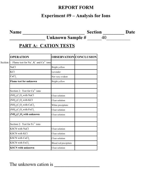 Solved REPORT FORM Experiment #9 - Analysis for Ions Date | Chegg.com