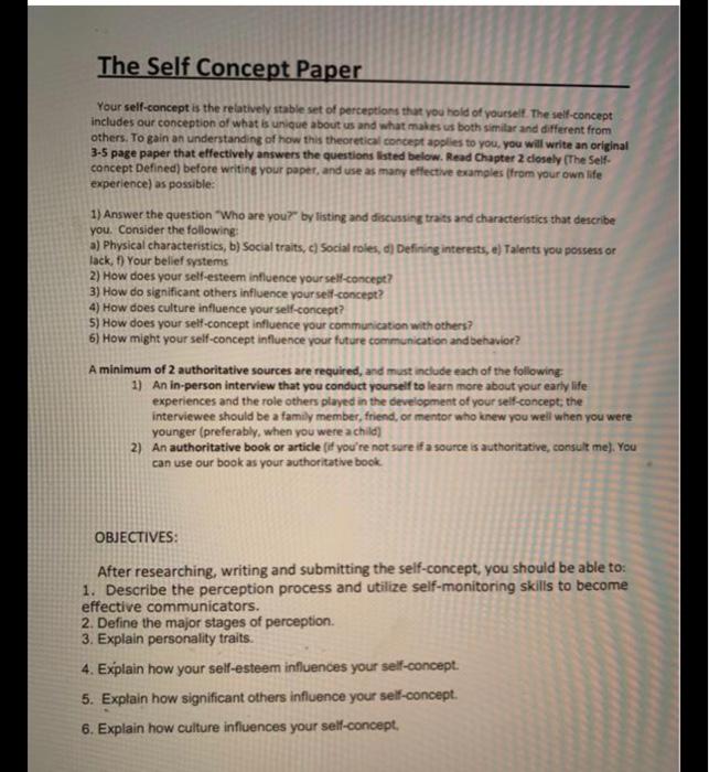 Solved The Self Concept Paper Your self-concept is the | Chegg.com