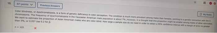 Solved 15 0/1 points Previous Answers Color blindness, or | Chegg.com