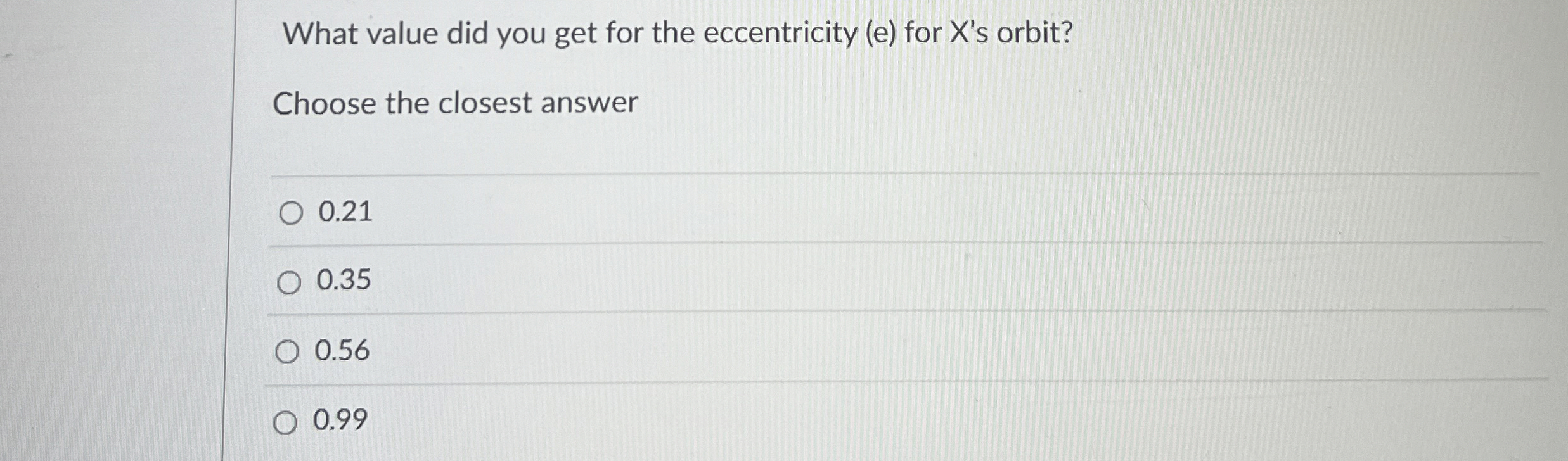 Solved What value did you get for the eccentricity (e) ﻿for | Chegg.com