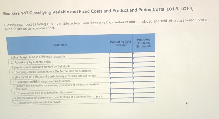 Solved Exercise 1-17 Classifying Variable and Fixed Costs | Chegg.com