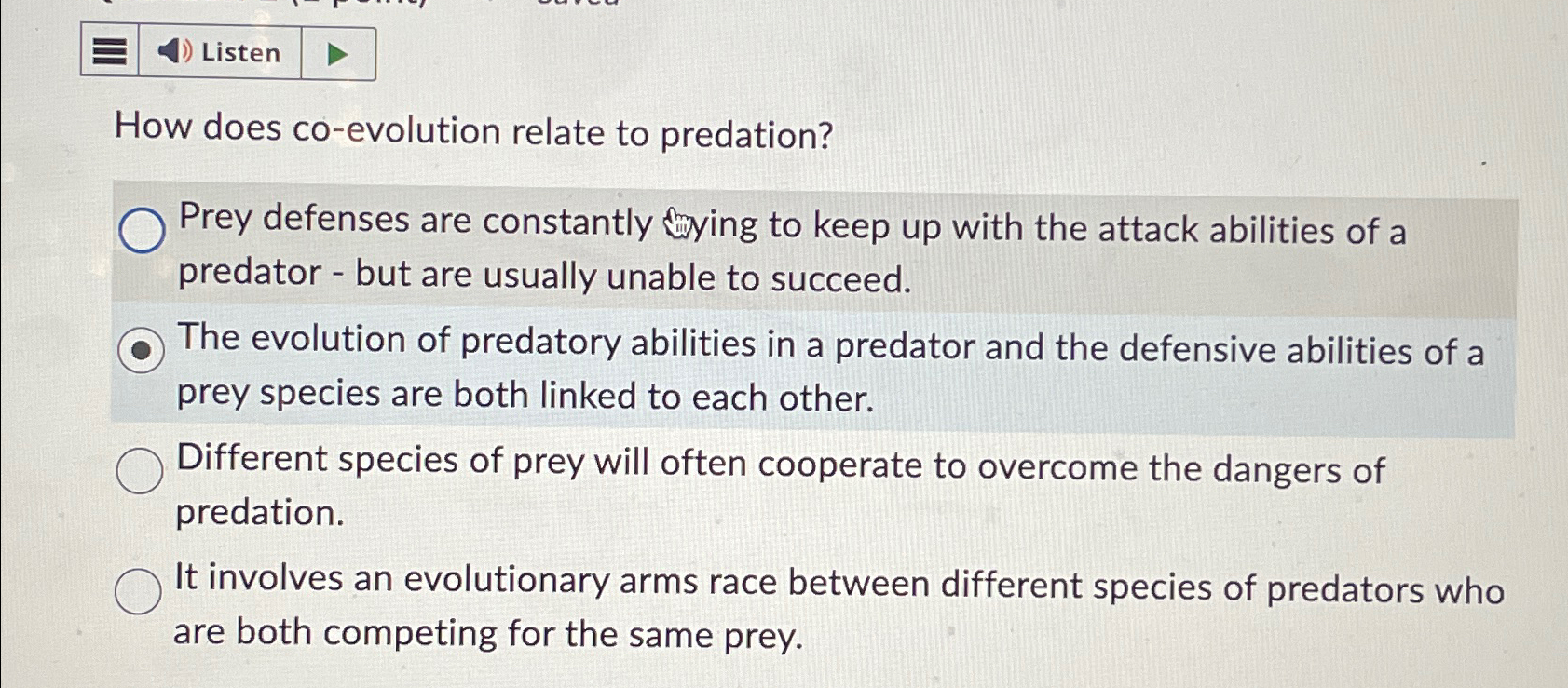 Solved ListenHow does co-evolution relate to predation?Prey | Chegg.com