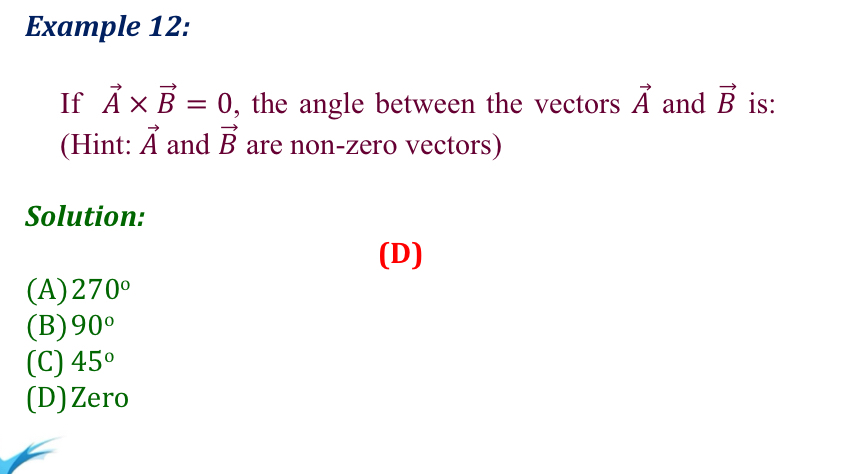 Solved Example 12:If vec(A)×vec(B)=0, ﻿the angle between the | Chegg.com