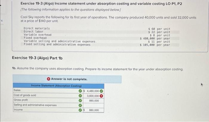 Solved Exercise 19-3 (Algo) Income statement under | Chegg.com