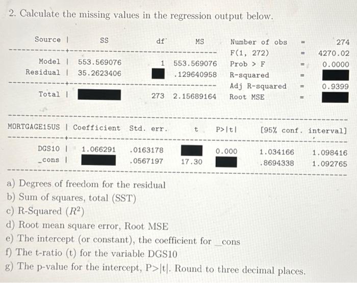 2. Calculate the missing values in the regression | Chegg.com