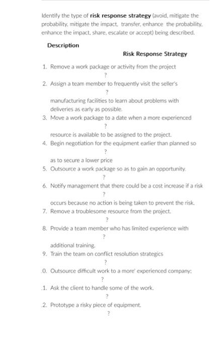 Identify the type of risk response strategy (avoid, | Chegg.com