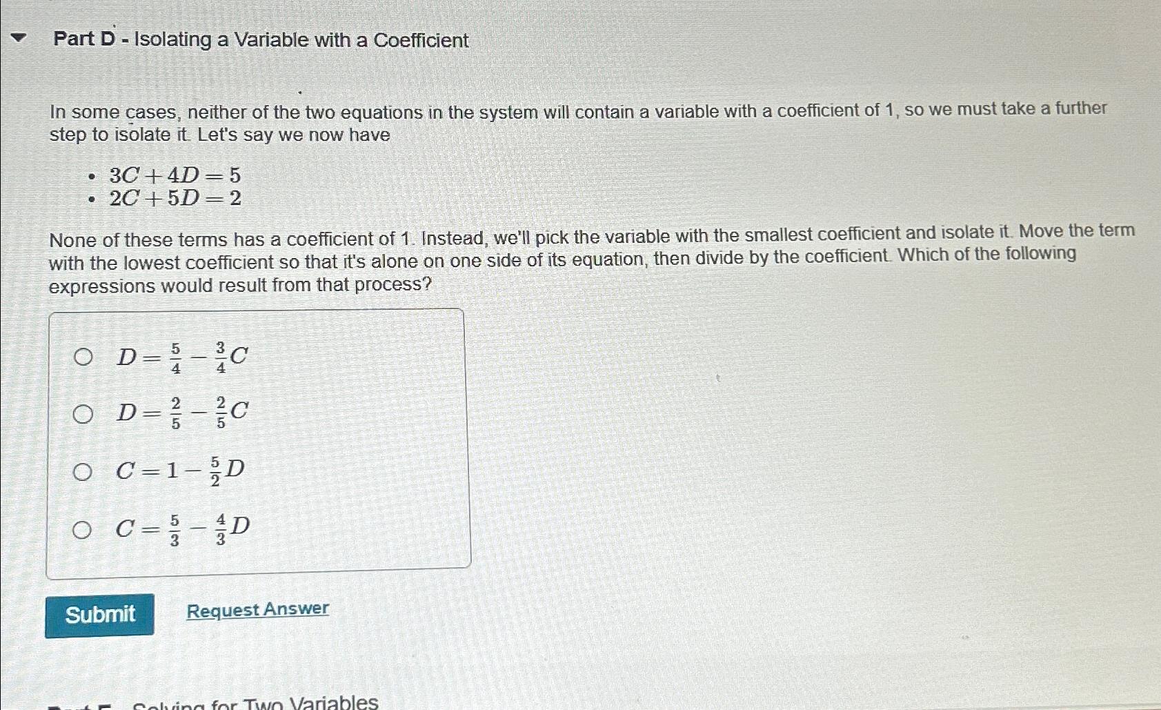 Solved Part D - ﻿Isolating a Variable with a CoefficientIn | Chegg.com