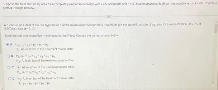 Solved Suppose the total sum of squares for a complotely | Chegg.com
