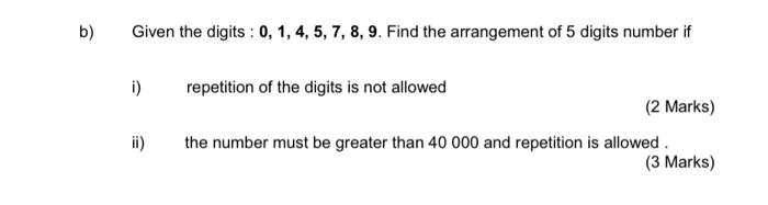 Solved b) Given the digits : 0, 1, 4, 5, 7, 8, 9. Find the | Chegg.com