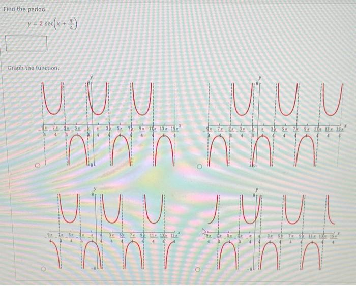 Solved Find the period. y=2sec(x+4π) Graph the function. | Chegg.com