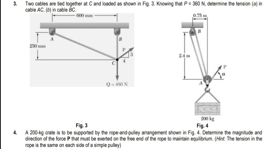 Solved 3. Two cables are tied together at C and loaded as | Chegg.com