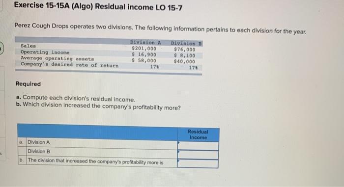 Solved Exercise 15 15a Algo Residual Income Lo 15 7 Perez 