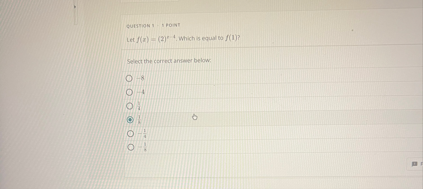 Solved QUESTION 1 - 1 POINTLet f(x)=(2)x-4. Which is equal | Chegg.com Solved QUESTION 1 - 1 POINTLet f(x)=(2)x-4. Which is equal | Chegg.com