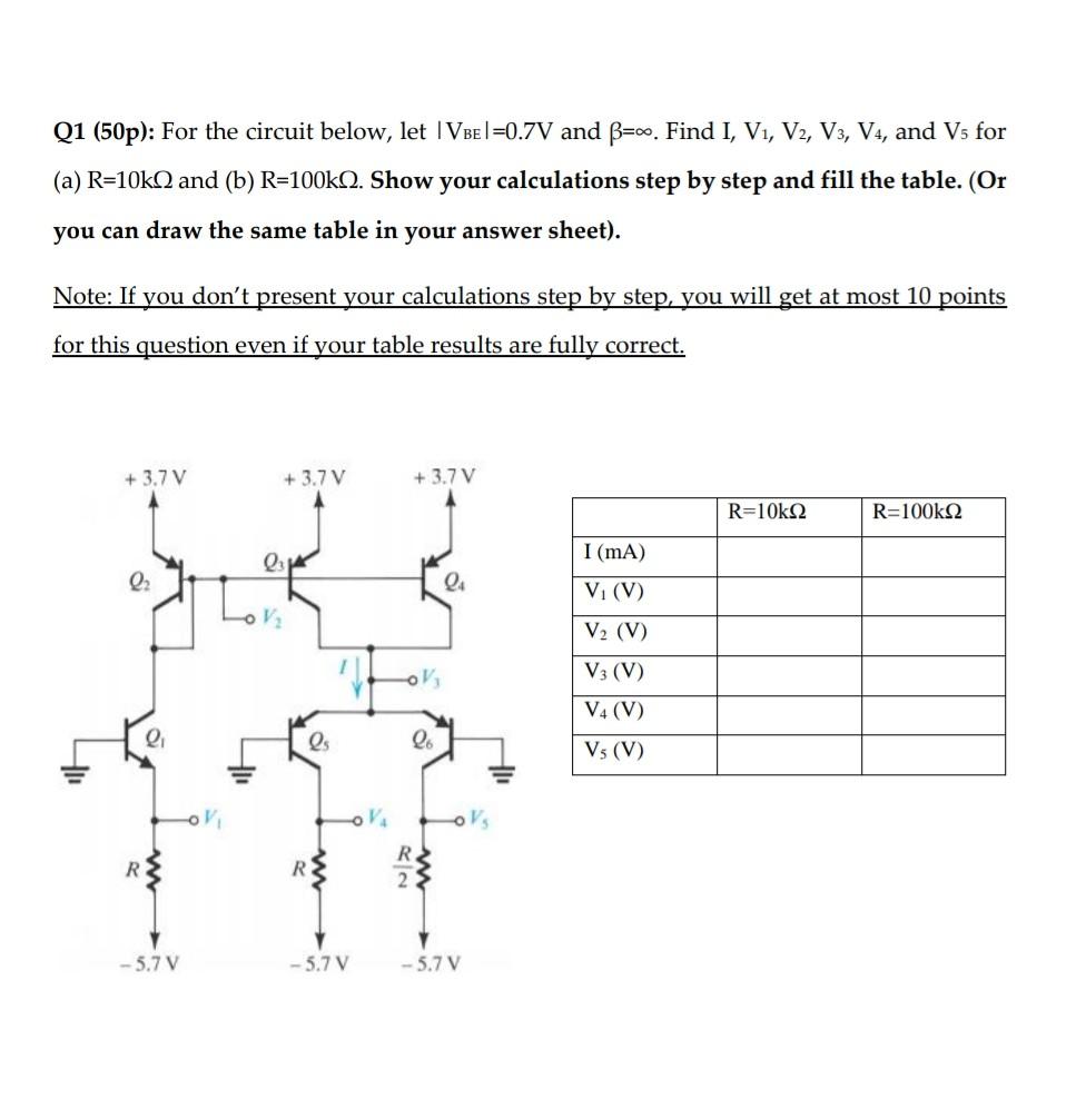 Solved Q1 (50p): For the circuit below, let ∣VBE∣=0.7 V and | Chegg.com