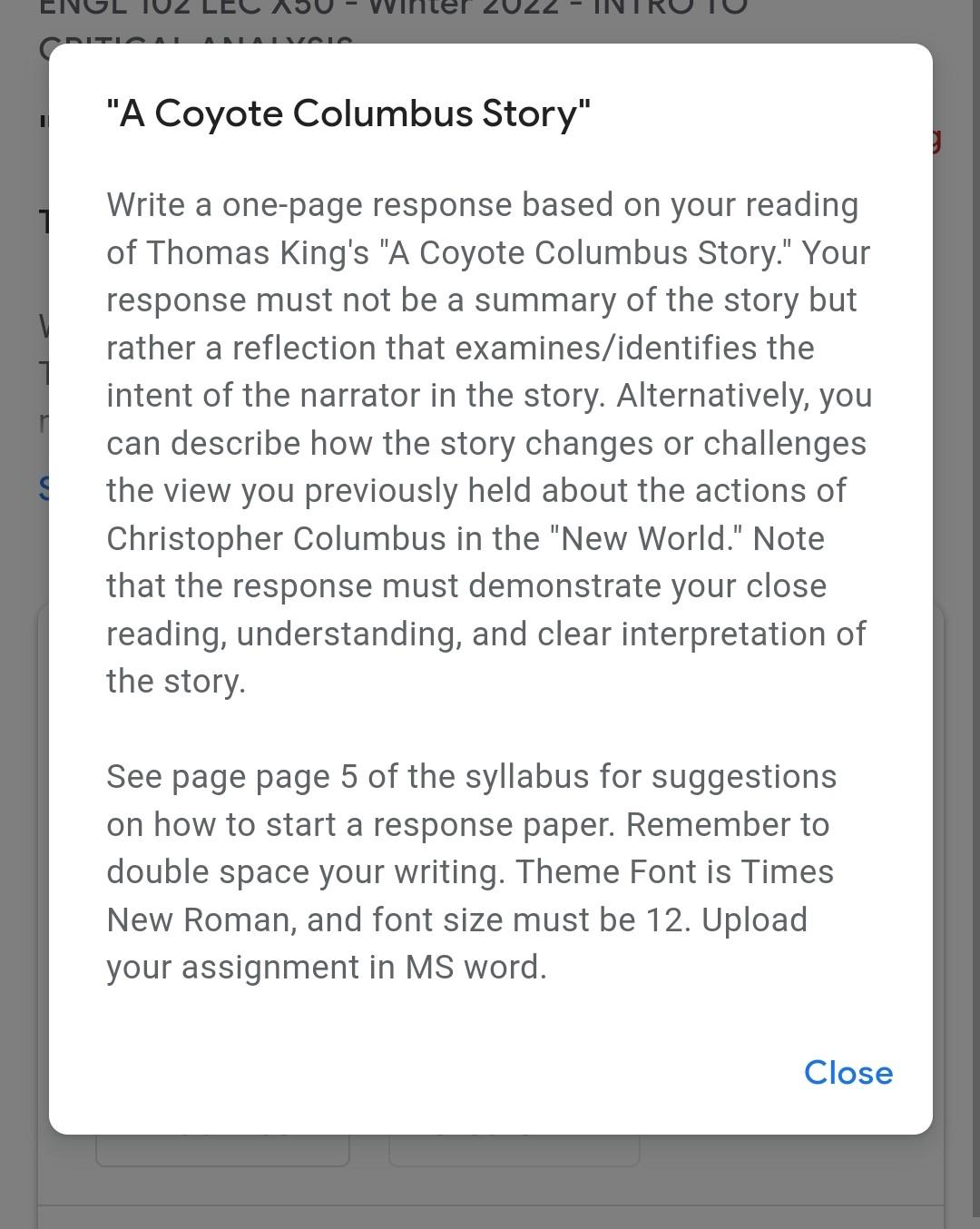 "A Coyote Columbus Story" Write a one-page response | Chegg.com