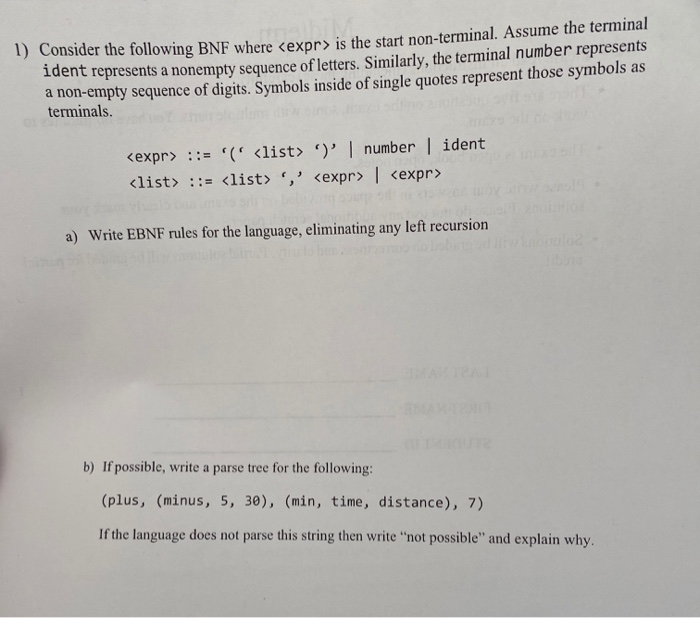1) Consider the following BNF where is the start | Chegg.com
