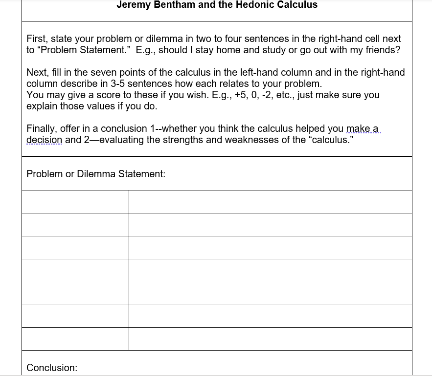 Jeremy Bentham and the Hedonic CalculusFirst, state | Chegg.com
