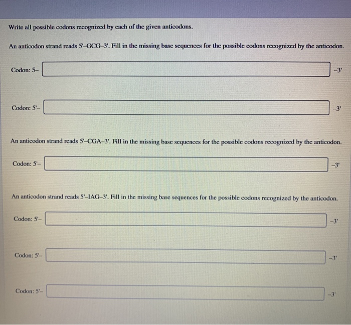Solved Write all possible codons recognized by each of the | Chegg.com
