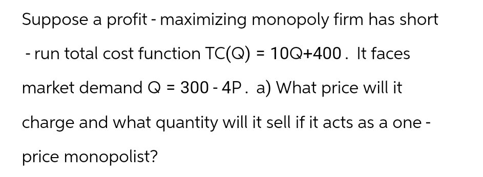 Solved Suppose a profit - ﻿maximizing monopoly firm has | Chegg.com