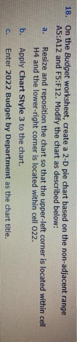 Solved 18. On the Budget worksheet, create a 2-D pie chart | Chegg.com