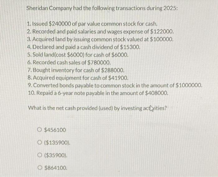 Solved Sheridan Company had the following transactions | Chegg.com