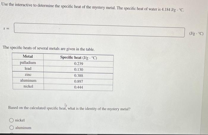 Use the interactive to determine the specific heat of | Chegg.com