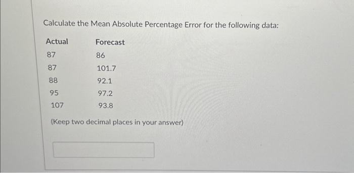 Solved Calculate the Mean Absolute Percentage Error for the | Chegg.com