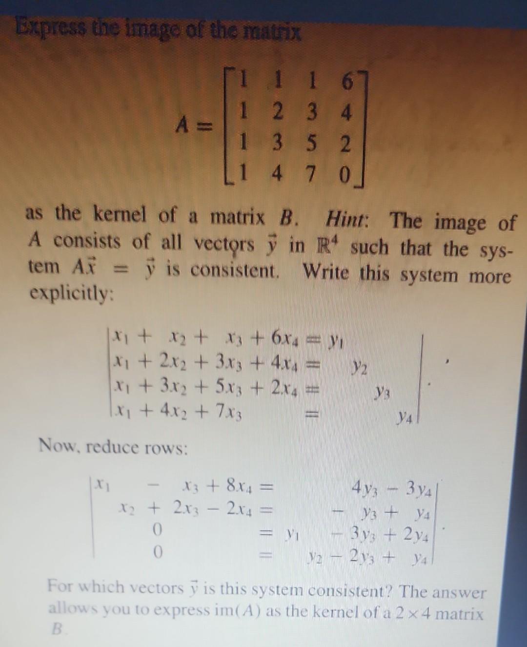 Express the inage of the mathix | Chegg.com