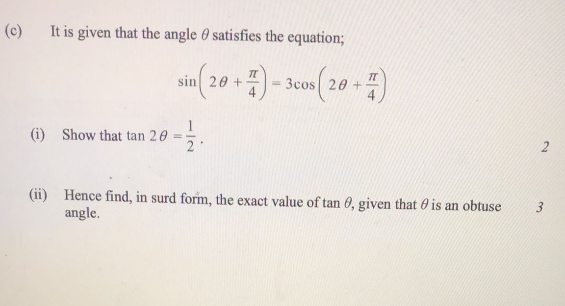 Solved (c) ﻿It is given that the angle θ ﻿satisfies the | Chegg.com