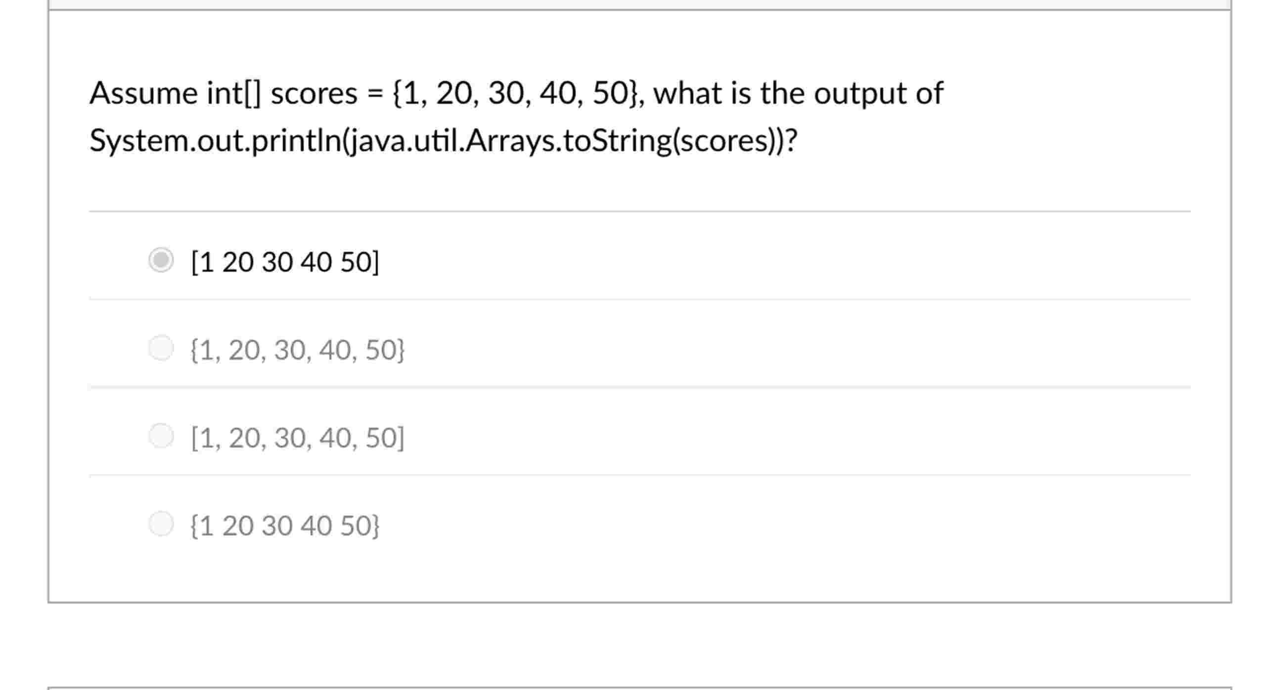 Solved Assume int[] ﻿scores ={1,20,30,40,50}, ﻿what is ﻿the | Chegg.com