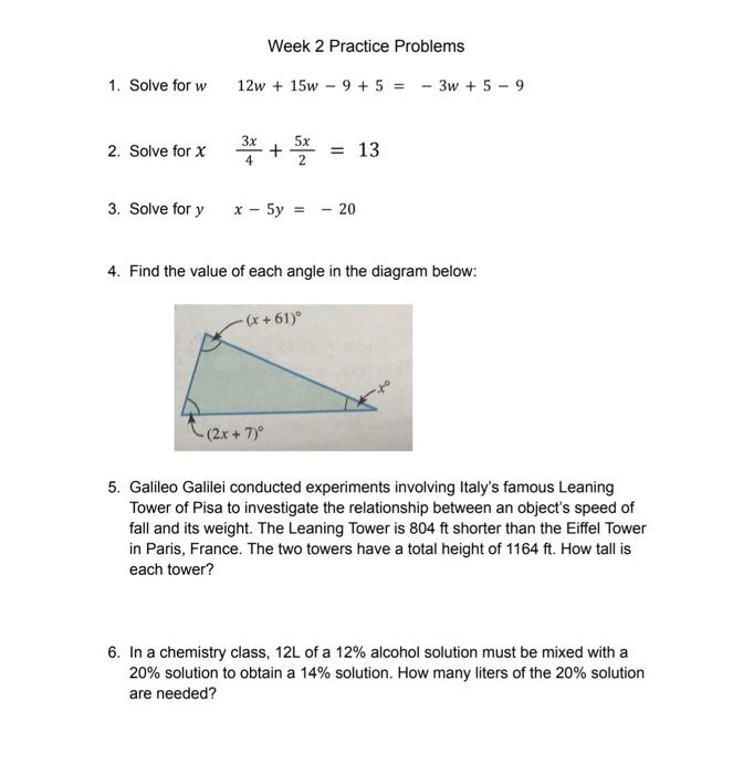 Solved Week 2 Practice Problems 1. Solve for | Chegg.com