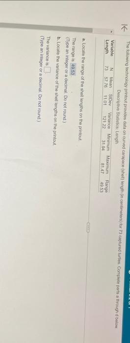 Solved The following technoiogy printout provides data on | Chegg.com