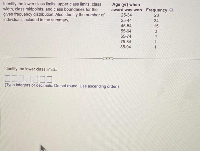 Solved Identify the lower class limits, upper class limits, | Chegg.com